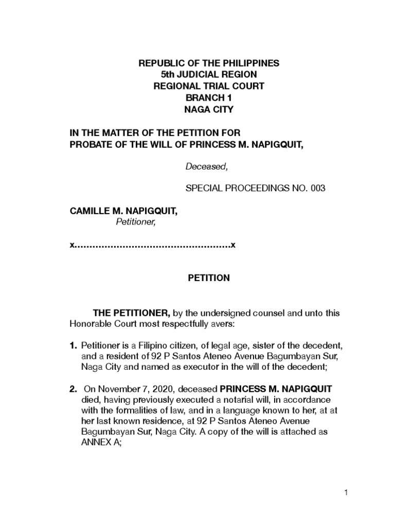 Petition For Probate | PDF | Probate | Will And Testament