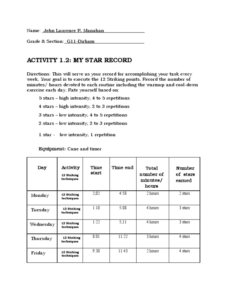 Star record and Arnis activity reflection | PDF