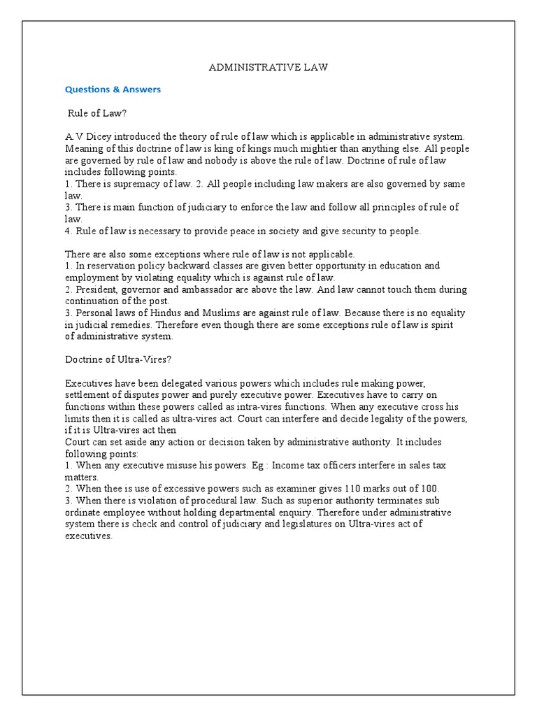 Questions & Answers | PDF | Rule Of Law | Administrative Law