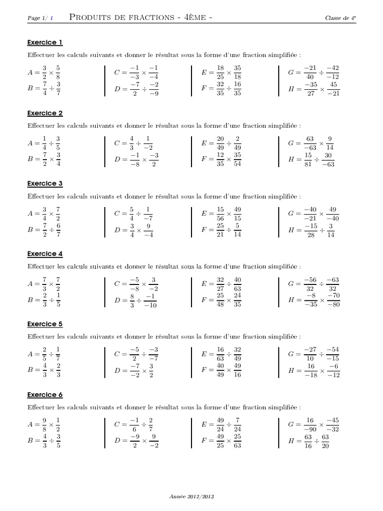 Produits Et Quotients de Fractions Serie D Exercices 1 | PDF