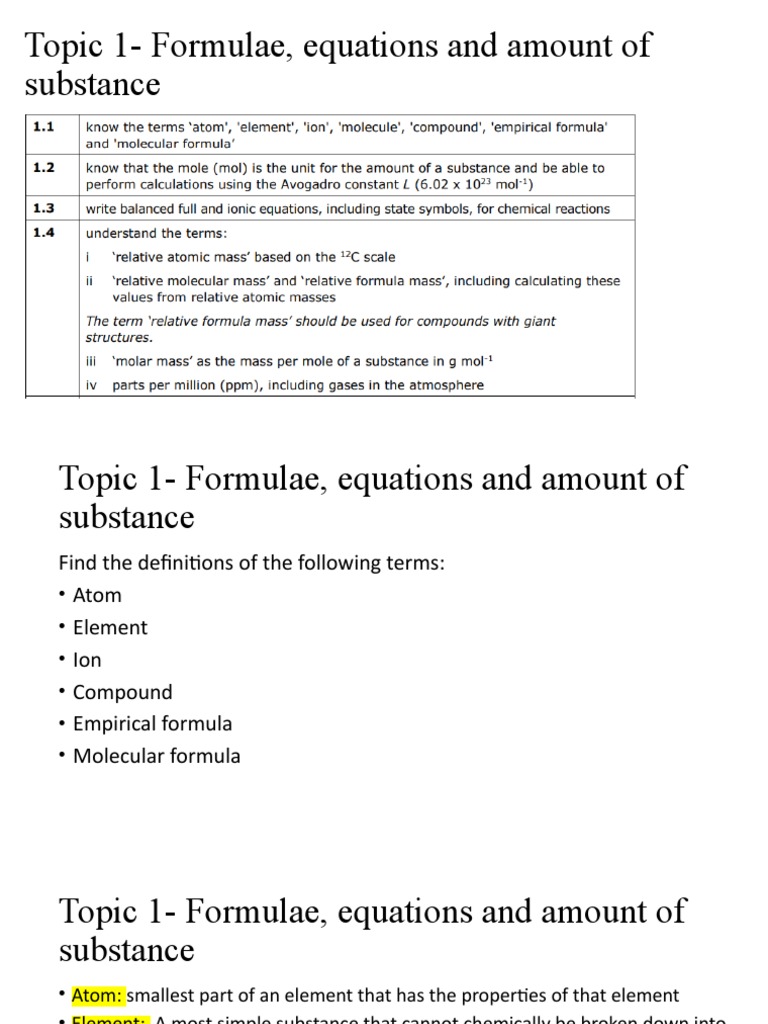 IAS Topic 1 - Formulae, Equations and Amount of Substance | PDF | Mole ...