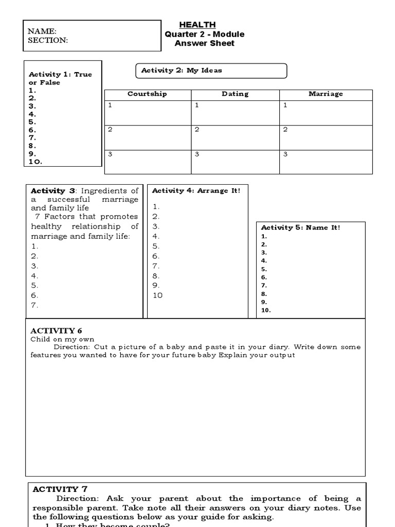 Name: Section:: Health Quarter 2 - Module Answer Sheet | PDF ...