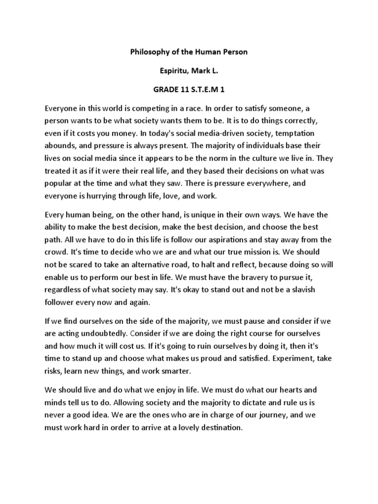 Philosophy of The Human Person Espiritu, Mark L. GRADE 11 S.T.E.M 1 | PDF