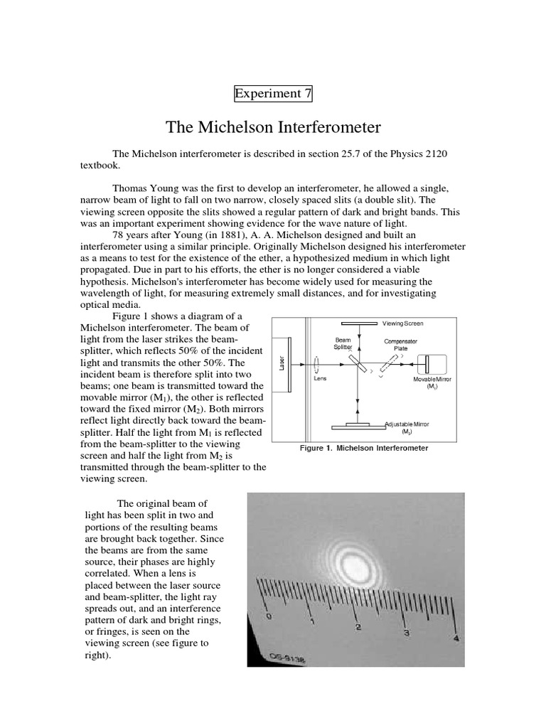 The Michelson Interferometer: Experiment 7 | PDF | Interferometry | Light