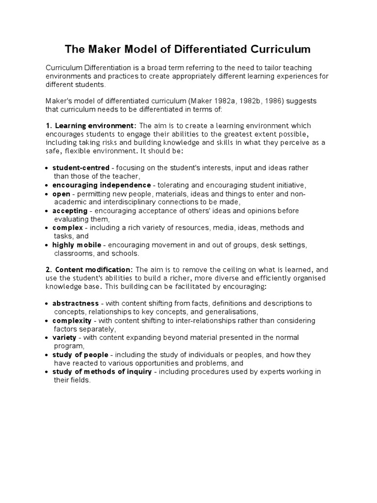 The Maker Model of Differentiated Curriculum: 1. Learning Environment ...