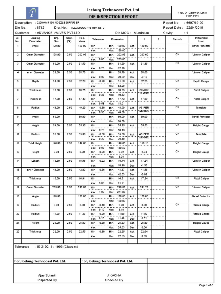 Die Inspection Report Iceburg Technocast Pvt. LTD | PDF | Metrology