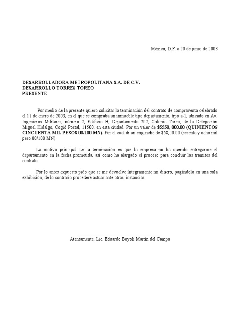 Carta Rescisión de Contrato | PDF