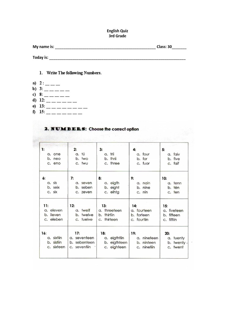 TERCERO - Quiz About Numbers 3rd Grade | PDF