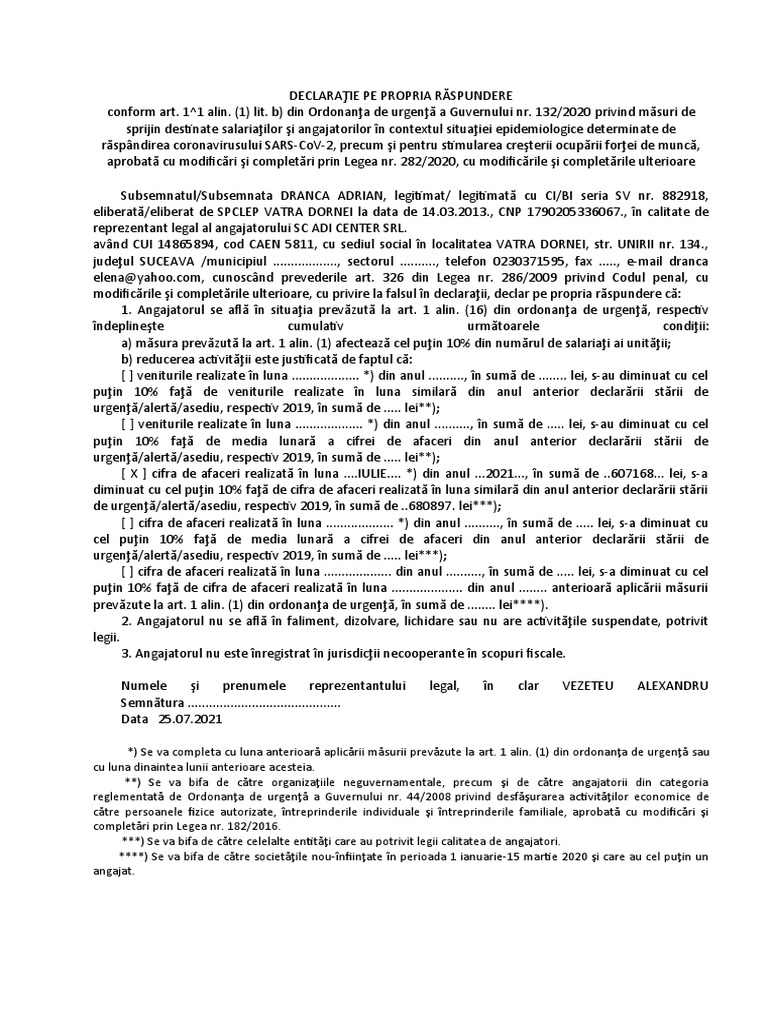 Formulare Noi Declaratie Reducere Timp Munca OUG 132 - 09.07.2021 | PDF