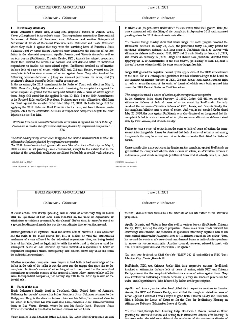 Colmenar v. Colmenar Case Summary | PDF | Complaint | Pleading