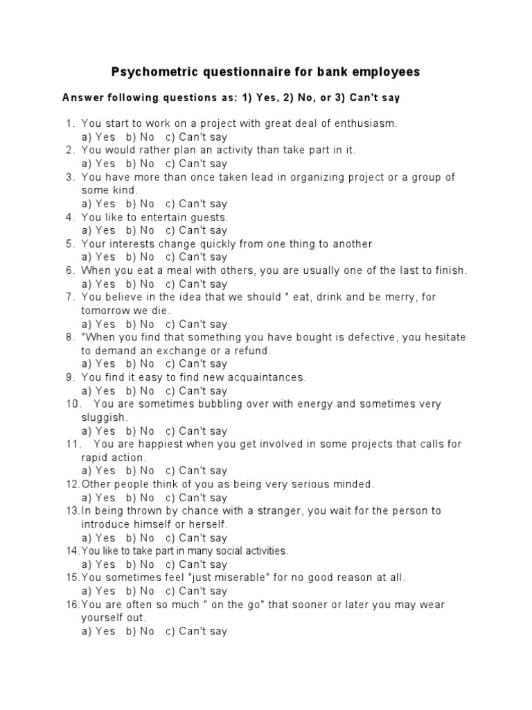 Psychometric Questionnaire For Bank Employees: Answer Following ...