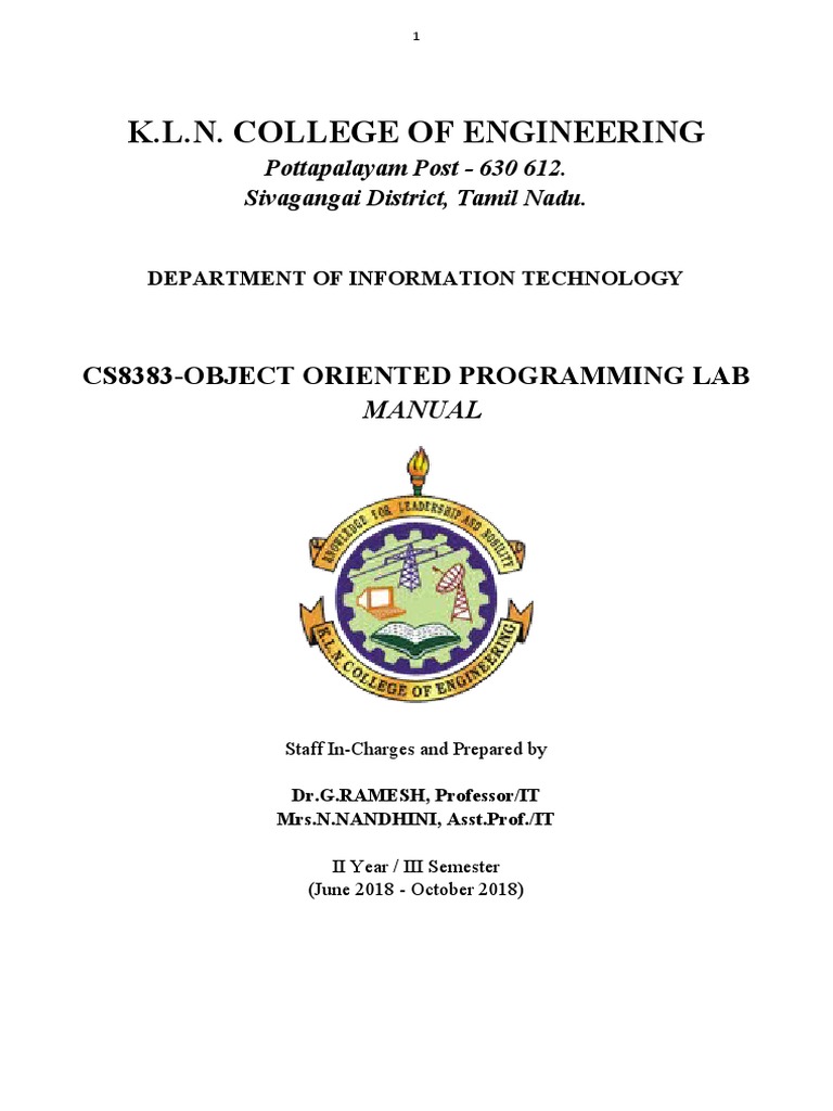 K.L.N. College of Engineering: Cs8383-Object Oriented Programming Lab ... K.L.N. College of Engineering: Cs8383-Object Oriented Programming Lab ...