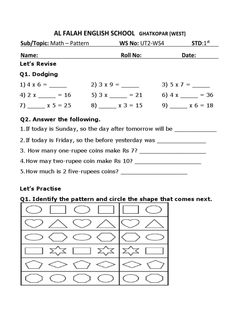 1st STD Maths - Pattern Practice | PDF