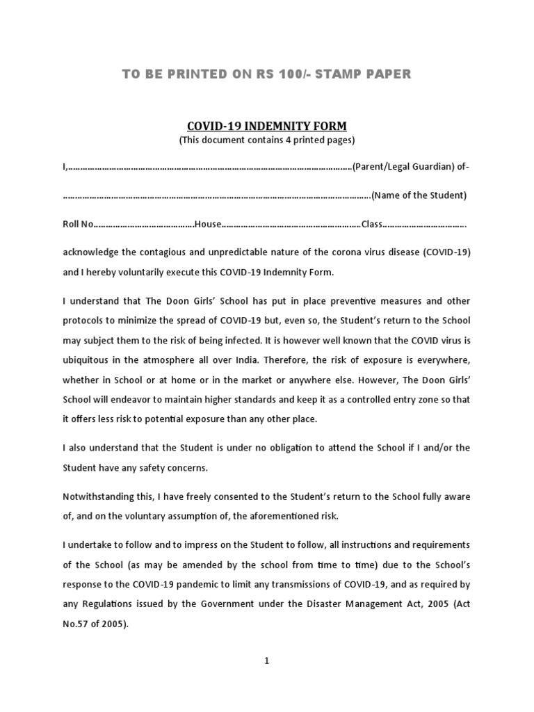 To Be Printed On Rs 100/-Stamp Paper: Covid-19 Indemnity Form | PDF ...