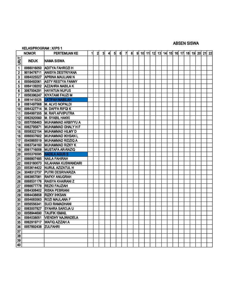 Daftar Absen Siswa Kelas X IPS 1 | PDF