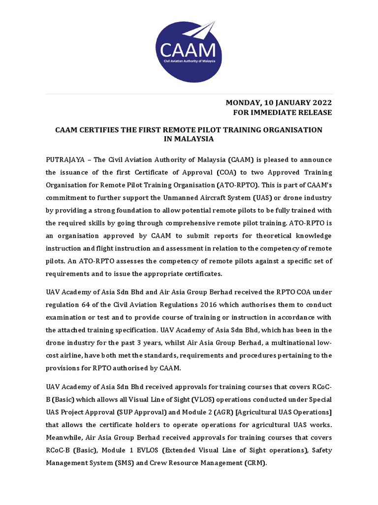 Press Release CAAM Certifies First Remote Pilot Training Organisation ...