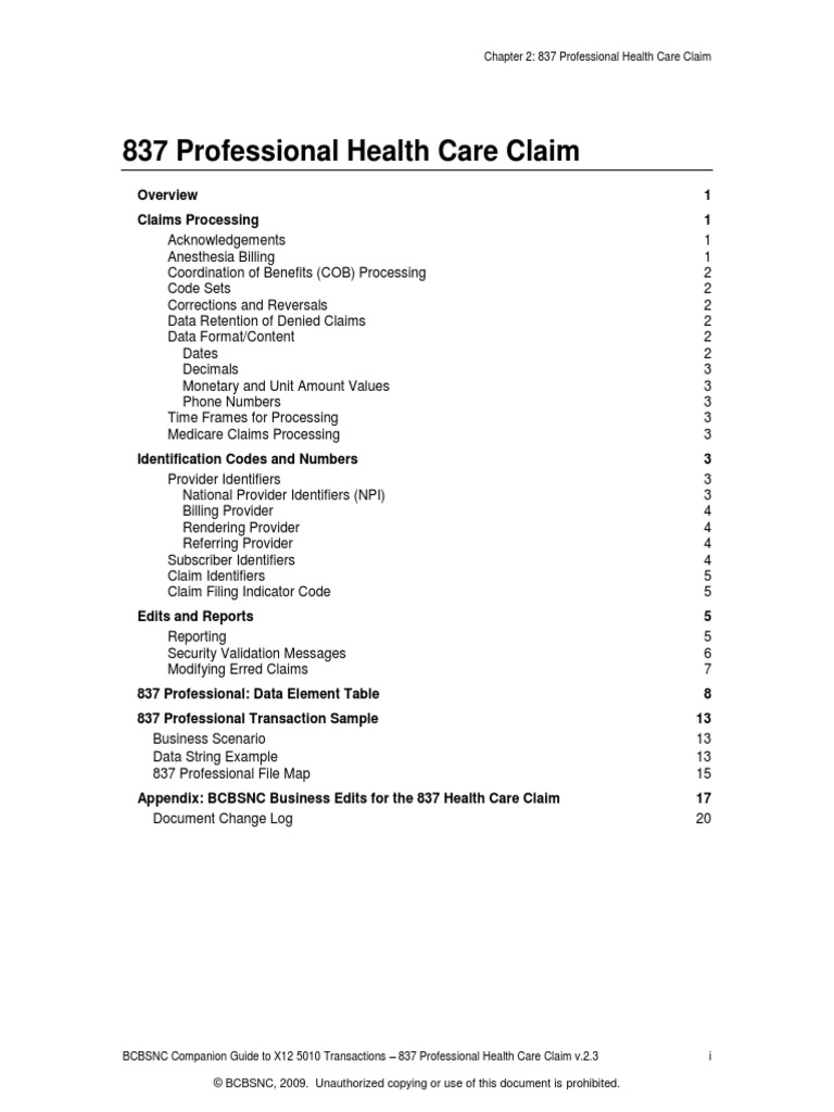 837 Professional Health Care Claim: 1 Claims Processing 1 | Download ...