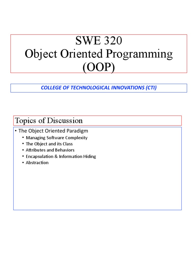 SWE 320 Object Oriented Programming (OOP) : College of Technological Innovations (Cti) | PDF ...