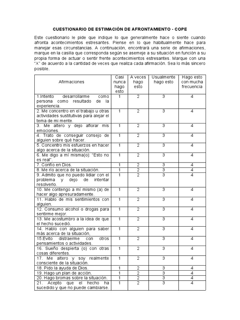 Cuestionario de Estimación de Afrontamiento (Cope) | PDF