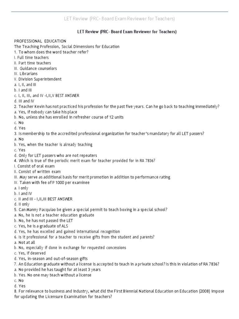 LET Review (PRC-Board Exam Reviewer For Teachers) | PDF | Teachers ...