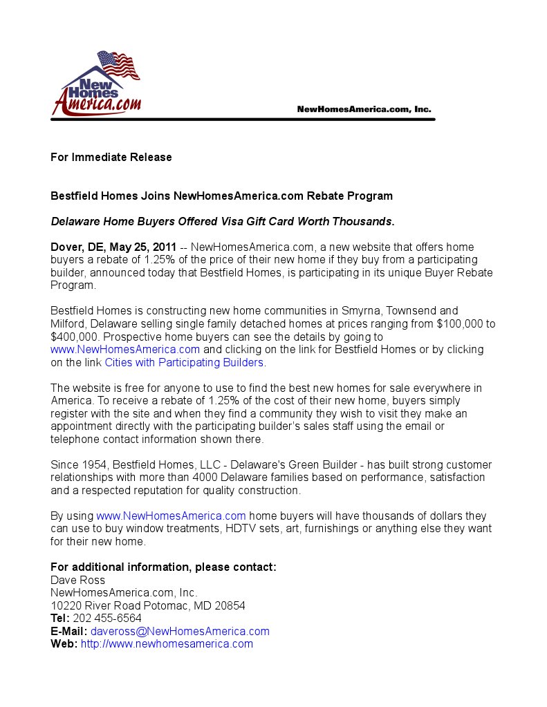Bestfield Homes Joins NewHomesAmerica - Com Rebate Program | PDF