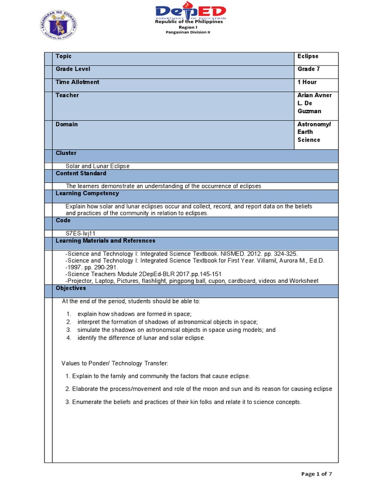 7e-Lesson-Plan in Science 7arian | PDF | Solar Eclipse | Moon
