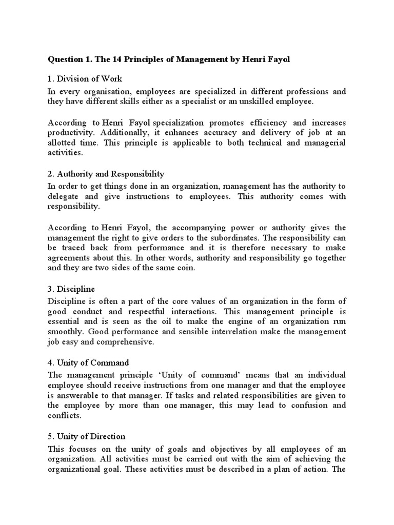 Division of Work: Question 1. The 14 Principles of Management by Henri ...
