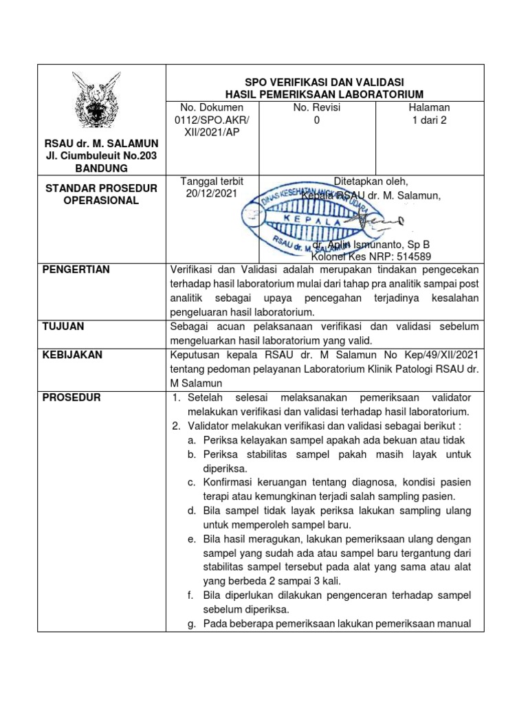 Spo Verifikasi Dan Validasi Hasil Pemeriksaan Laboratorium | PDF