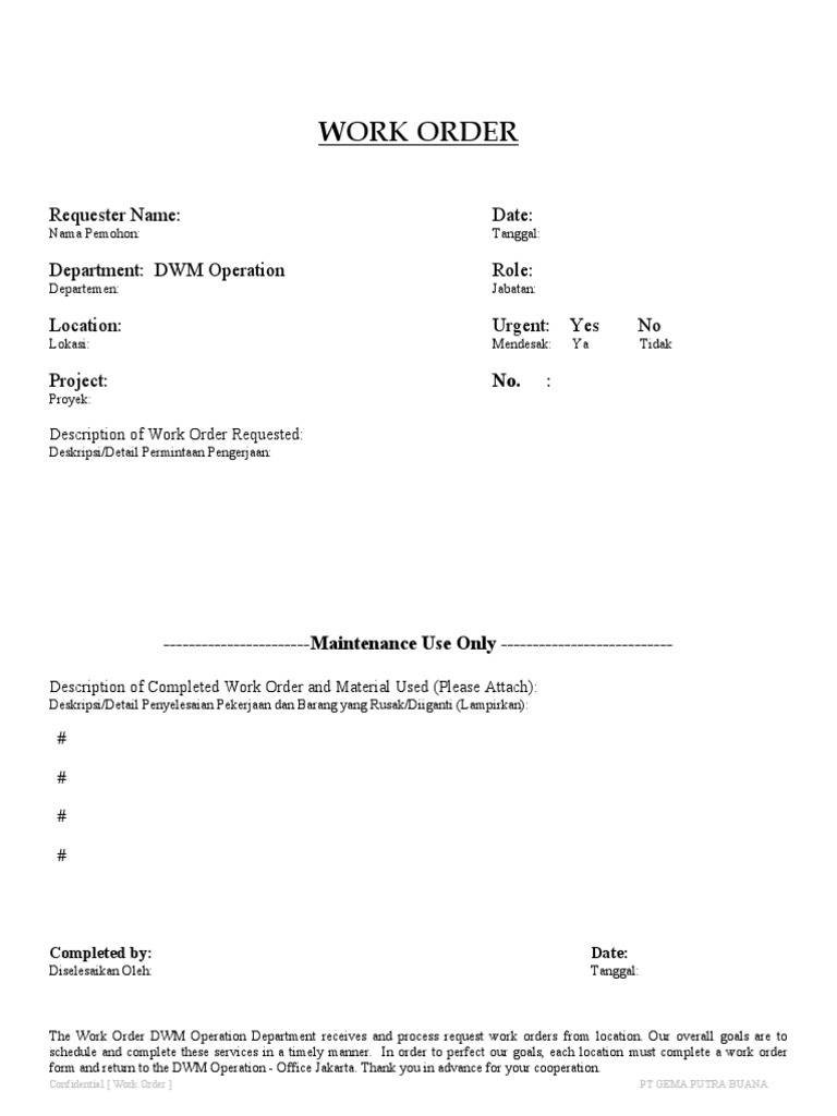 Contoh Pengisian Work Order Maintenance RT 751 | PDF
