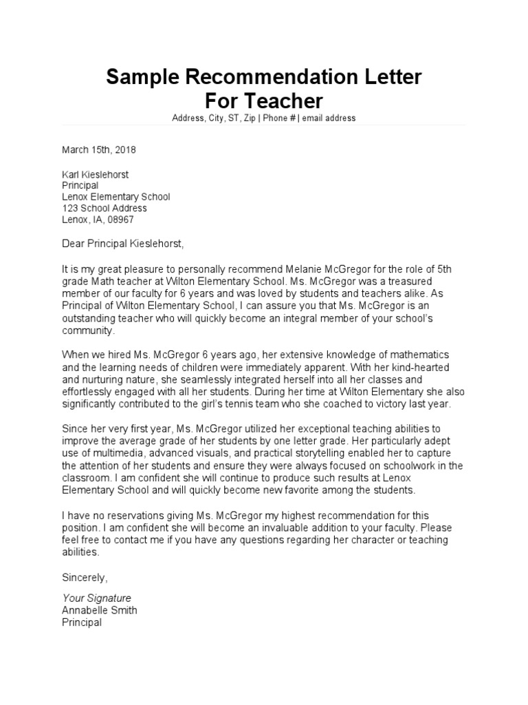 Sample Recommendation Letter For Teacher | PDF
