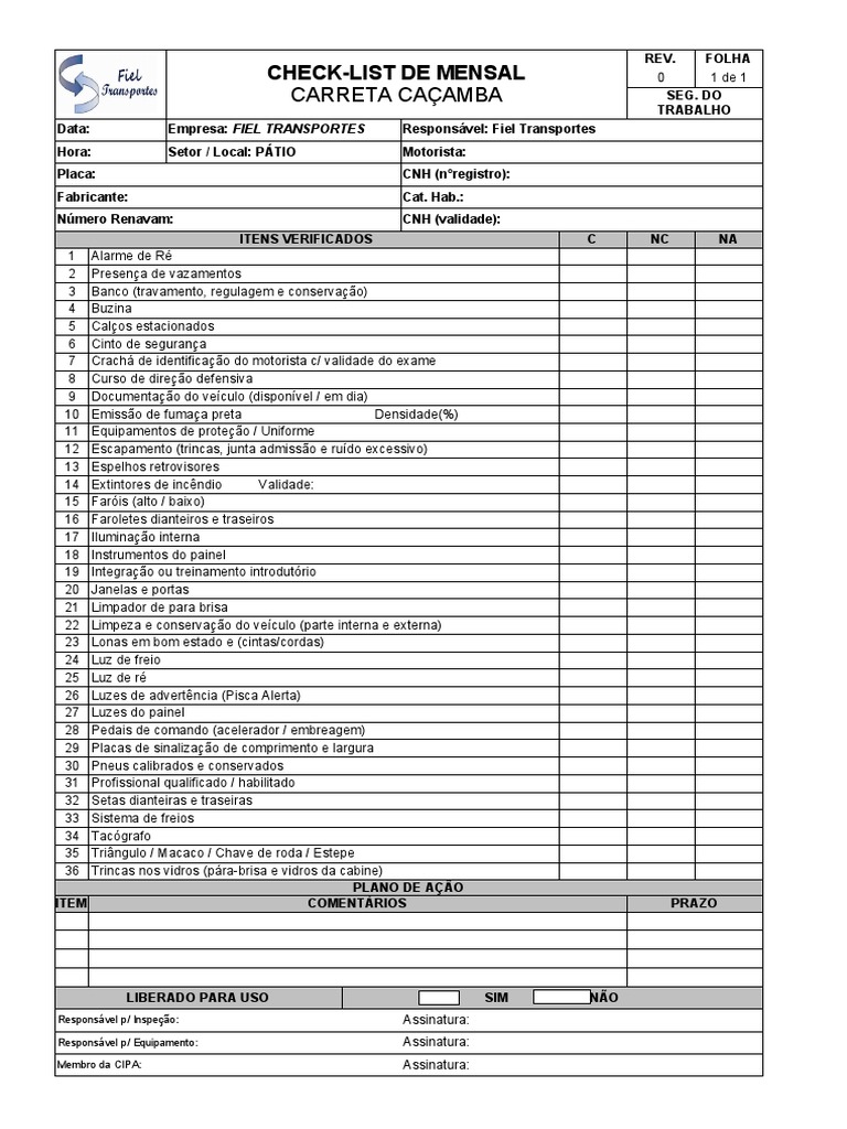 Check-list Mensal Carreta Caçamba | PDF | Carteira de Motorista ...
