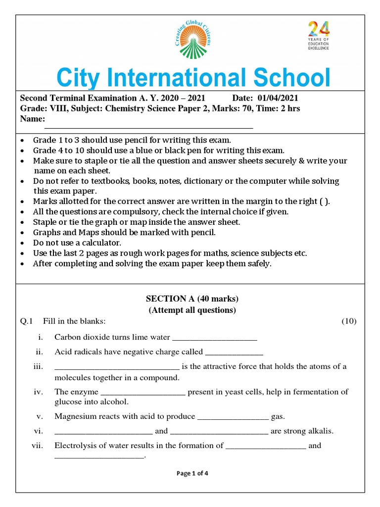 Grade 8 Chemistry Exam Paper | PDF | Chemical Reactions | Chlorine