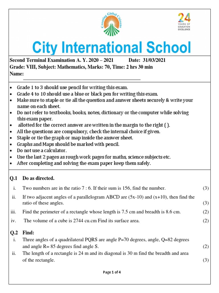 Grade 8 - Maths Question Paper | PDF | Area | Rectangle