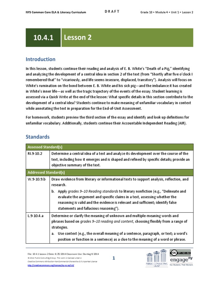 10.4.1 Lesson 2: NYS Common Core ELA & Literacy Curriculum | PDF ...