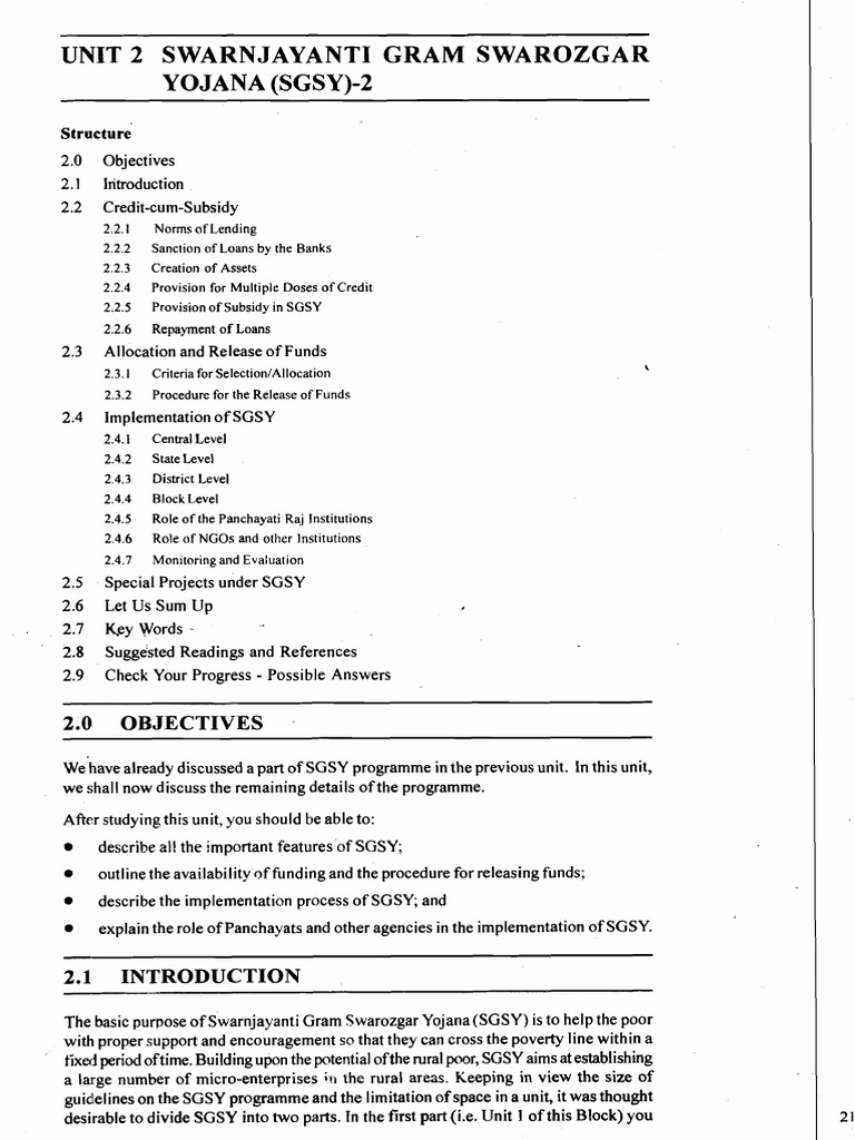 Unit-2 Swarnjayanti Gram Swarozgar Yojana (SGSY) - 2 | PDF | Loans ...