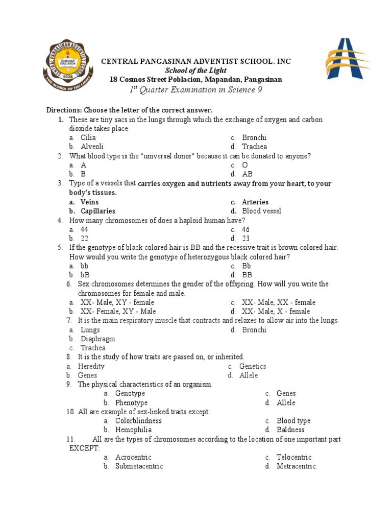 Grade 9 1st Quarter Examination | PDF | Dominance (Genetics) | Lung