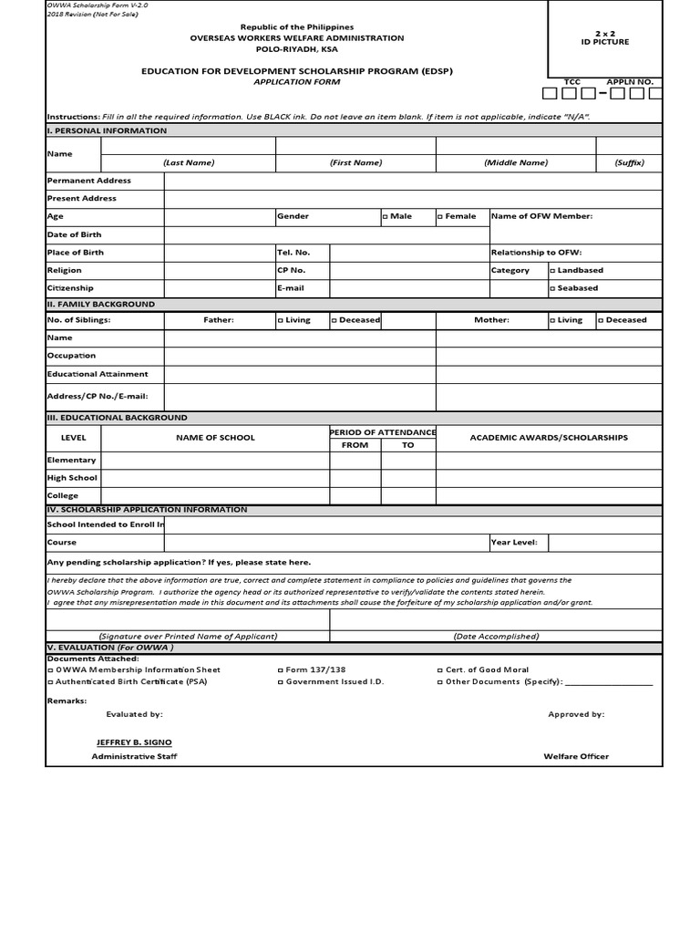 OWWA EDSP Scholarship Application Form | PDF | Government | Government ...