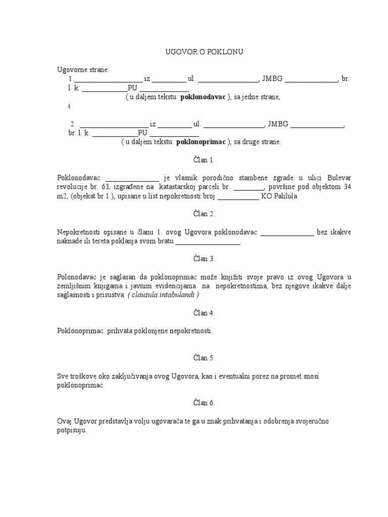 Primer Ugovora o Poklonu | PDF