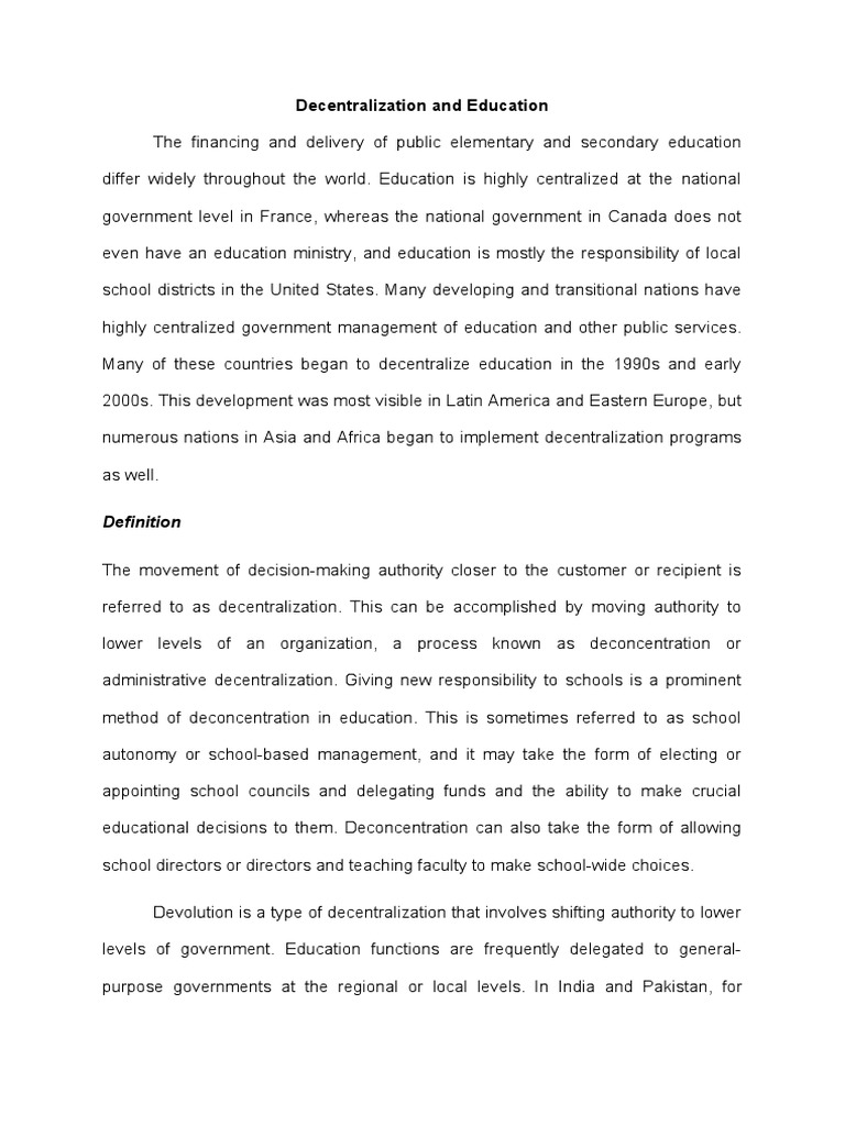 Decentralization and Education | PDF | Decentralization | Devolution