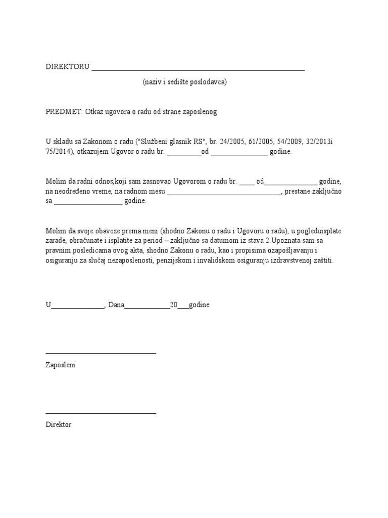 Zahtjev Za Sporazumni Raskid Ugovora O Radu Primjer Auto Anadolu BHSC