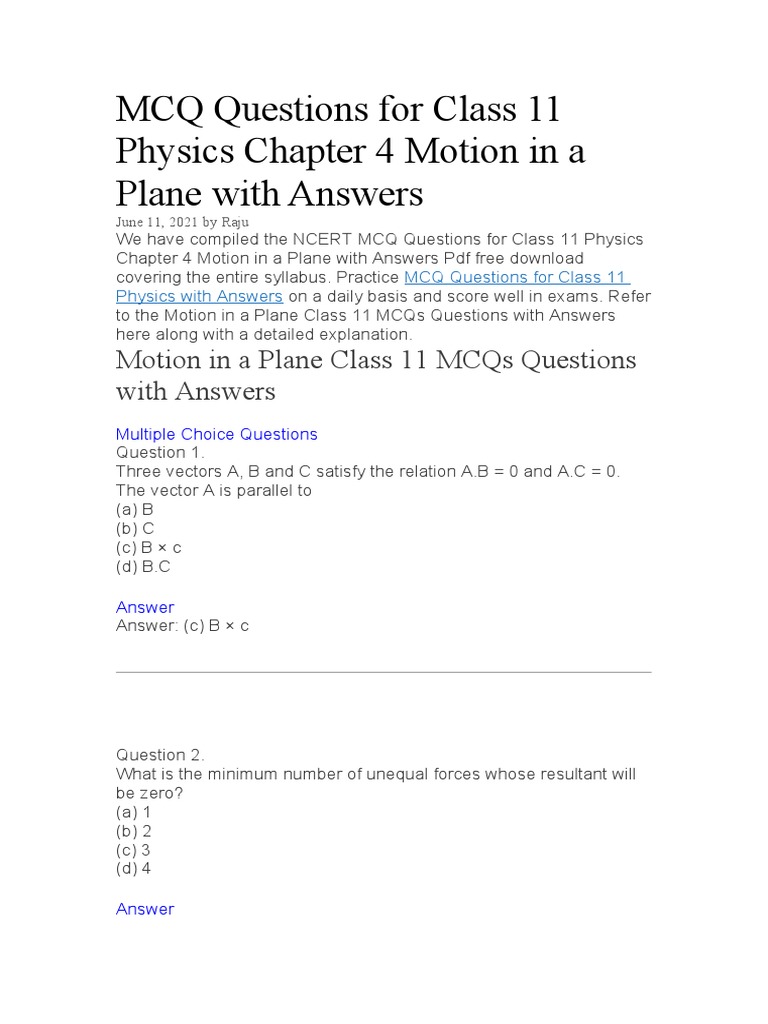 MCQ Questions For Class 11 Physics Chapter 4 Motion in A Plane With Answers | PDF | Acceleration ...