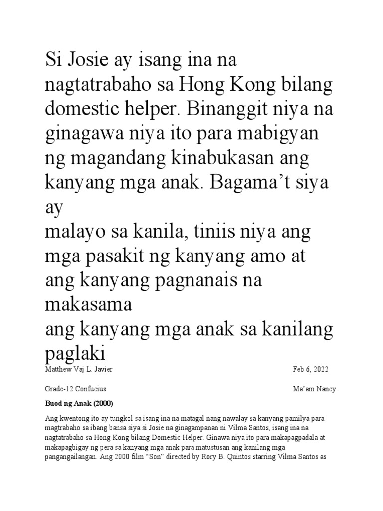 Buod NG Anak (2000) | PDF