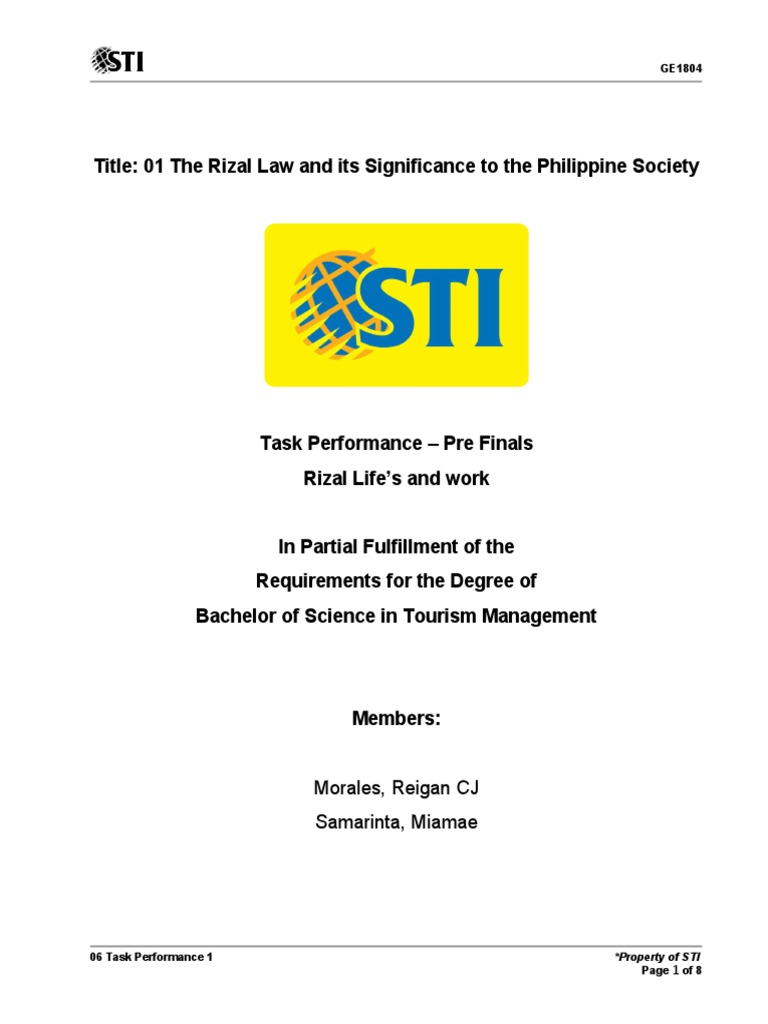 Task Performance in Rizal Life and Works | PDF