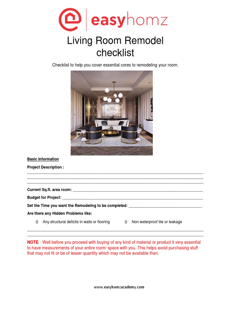 Living Room Remodel Checklist Final | PDF | Flooring | Wall