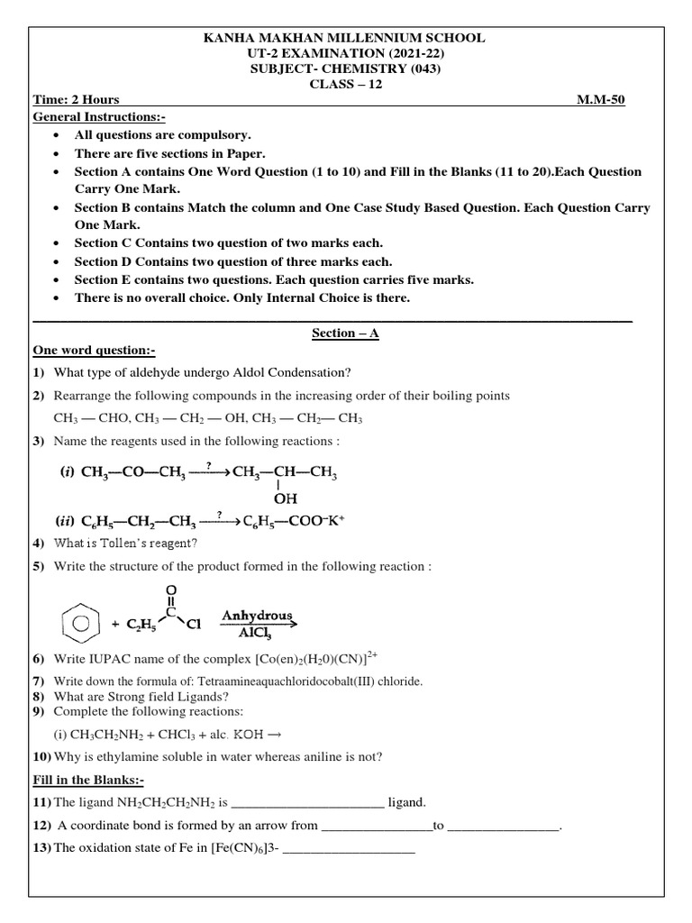 Class 12 Chemistry UT-2 Exam Paper | PDF | Amine | Chemistry