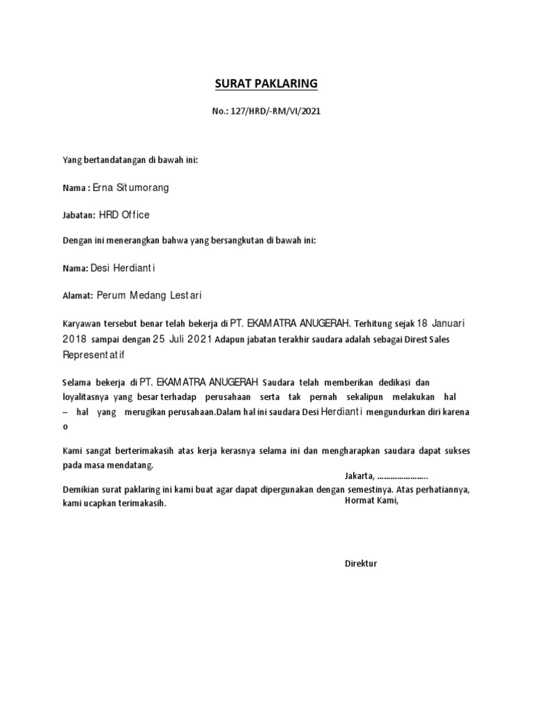 Contoh Surat Paklaring | PDF