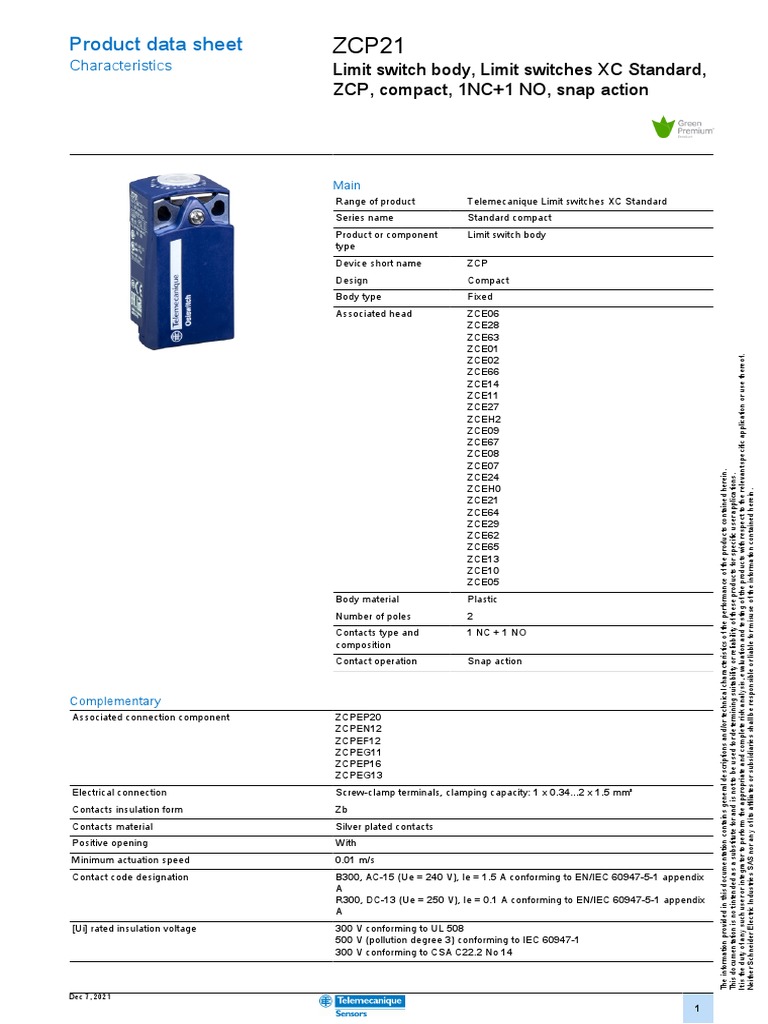Product Data Sheet: Limit Switch Body, Limit Switches XC Standard, ZCP ...