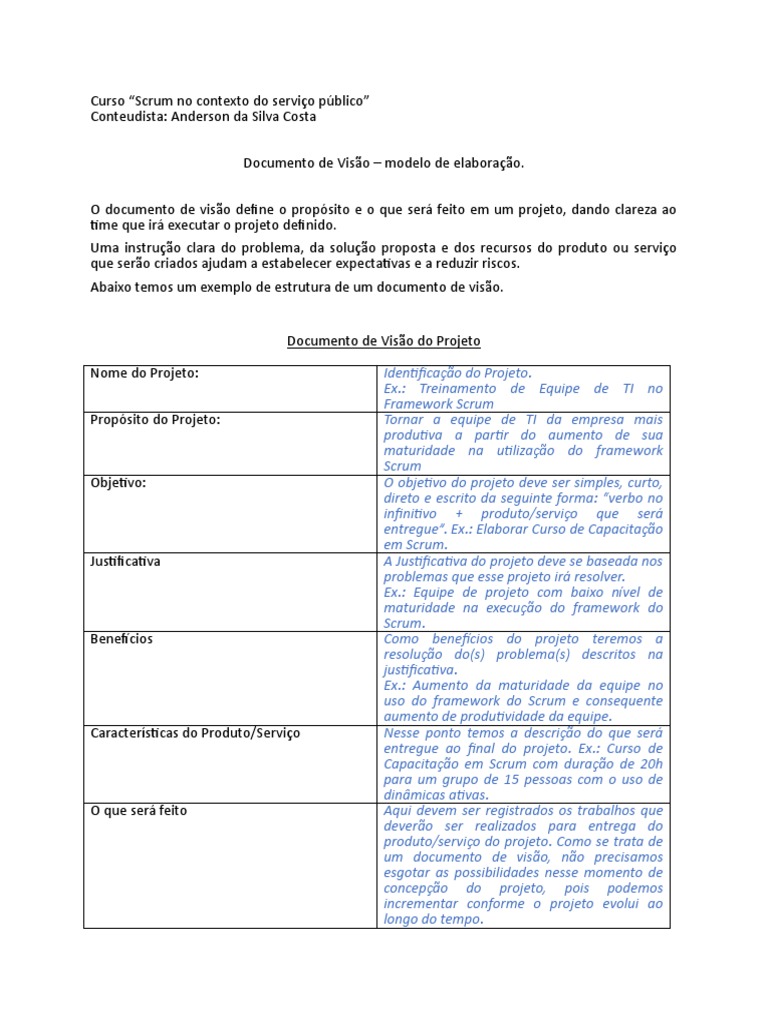 Modelo de Documento de Visão | PDF | Desenvolvimento profissional ...