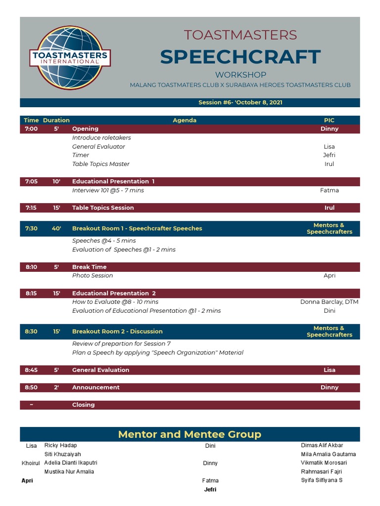 Schedule Speechcraft - Agenda | PDF