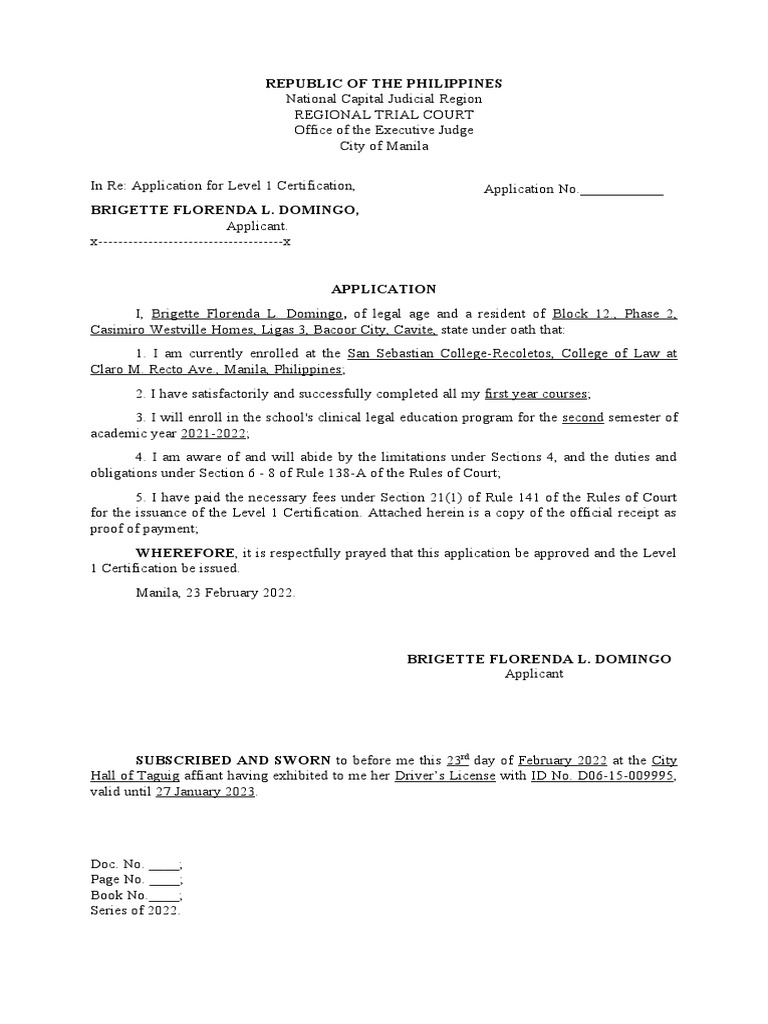 Domingo's Level 1 Certification Application | PDF | Law